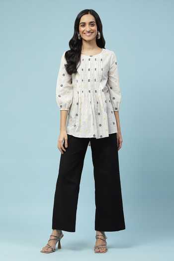 Buy Aarke Ritu Kumar Off White Pintuck Geometric Pattern Top Online ...