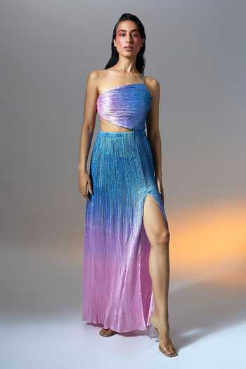 Buy Blue Modal Satin Hand Ruched One Shoulder Ombre Dyed Dress For ...