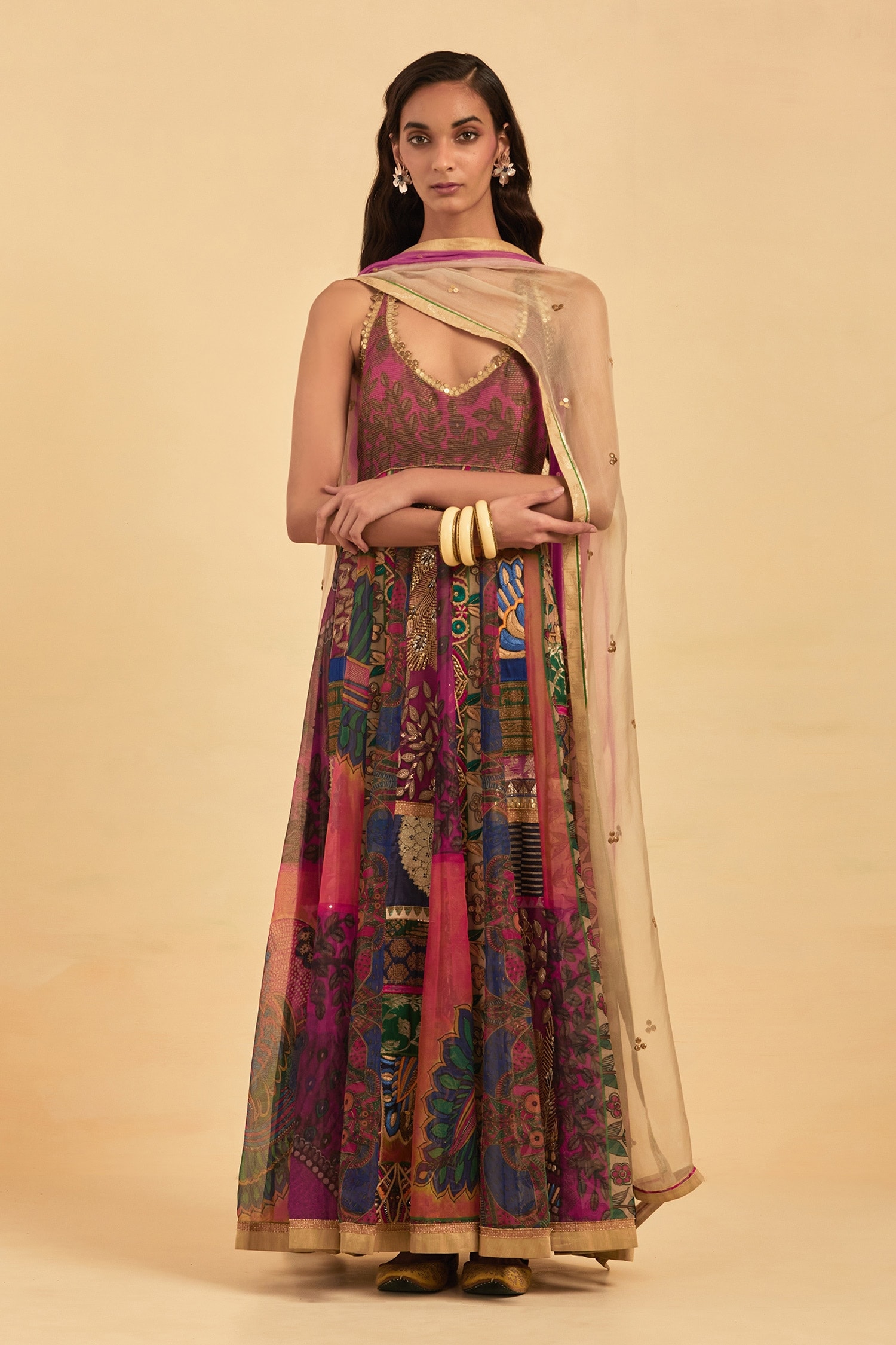 Buy Multi Color Organza Print Peacock V And Flower Anarkali With ...
