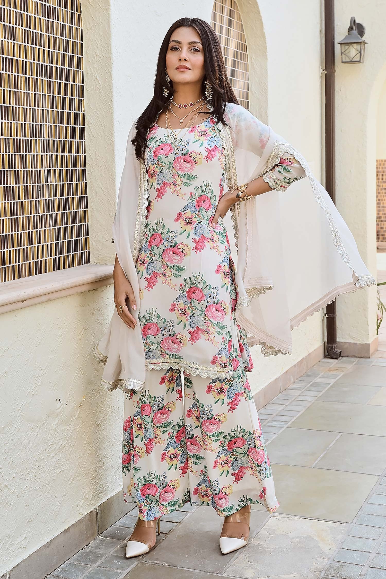 Buy Palak & Mehak Off White Pure Crepe Aravali Garden Print Kurta Set ...