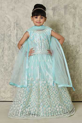 Buy Sky Blue Net Embroidered Geometric Cluster Threadwork Lehenga Set ...