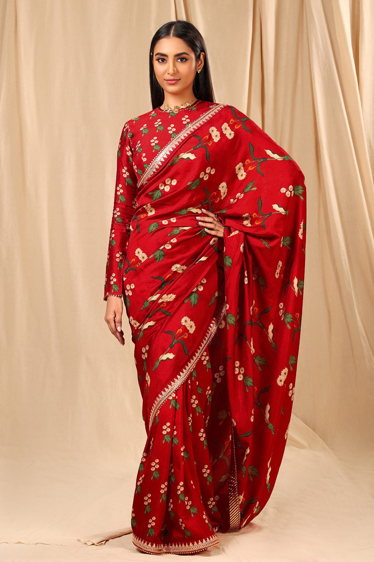 Buy Red Raw Silk Printed Spring Blossom Saree For Women by Masaba ...