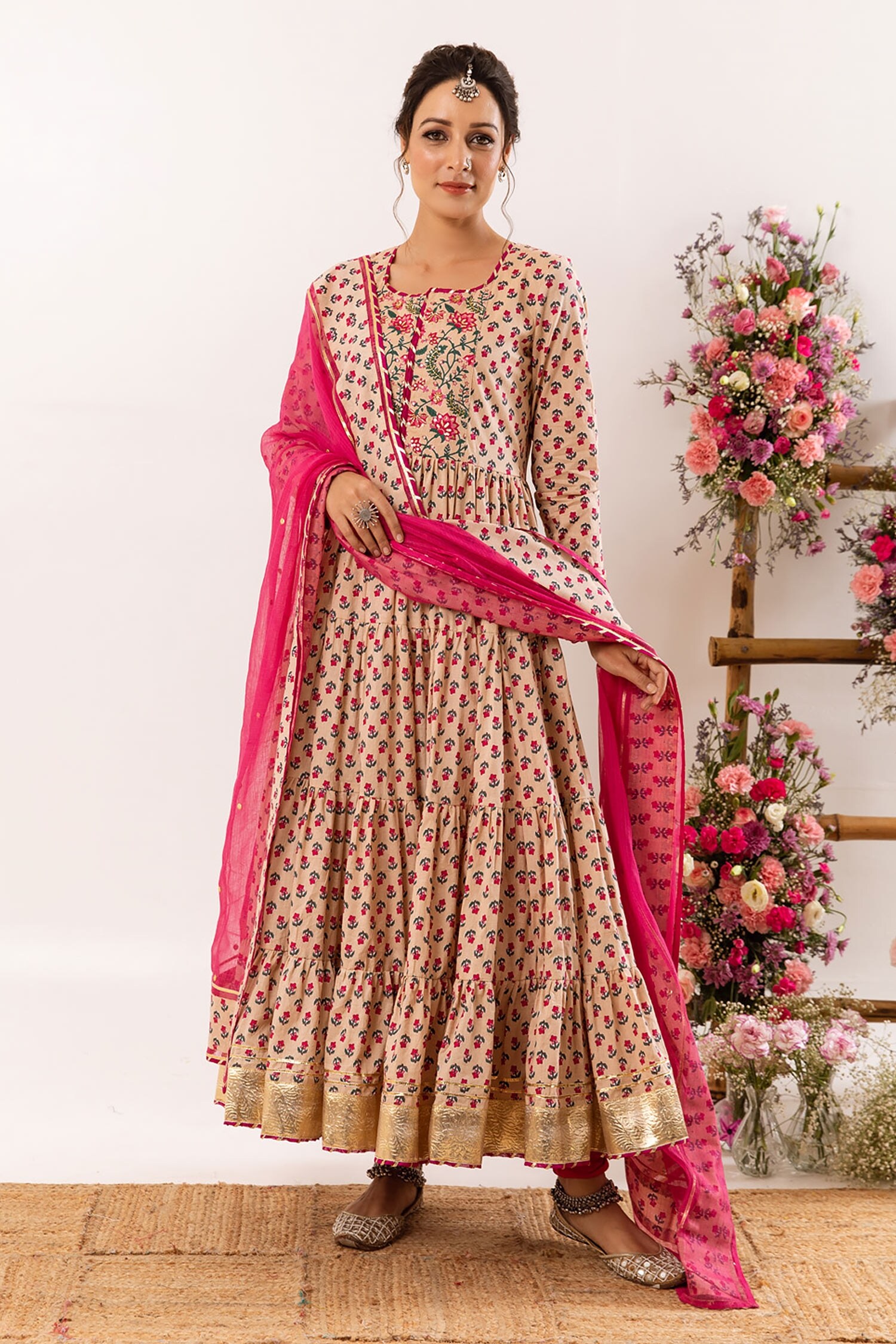 Buy Peach Cotton Flower Hand Block Print Anarkali Set For Women by ...