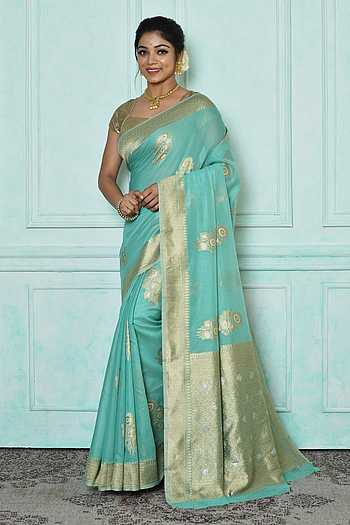 Buy Blue Cotton Silk Woven Floral Scattered Pattern Saree For Women by ...