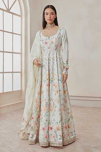 Buy White Satin Printed Floral Scoop Kalidar Pishwas Kurta Set For ...