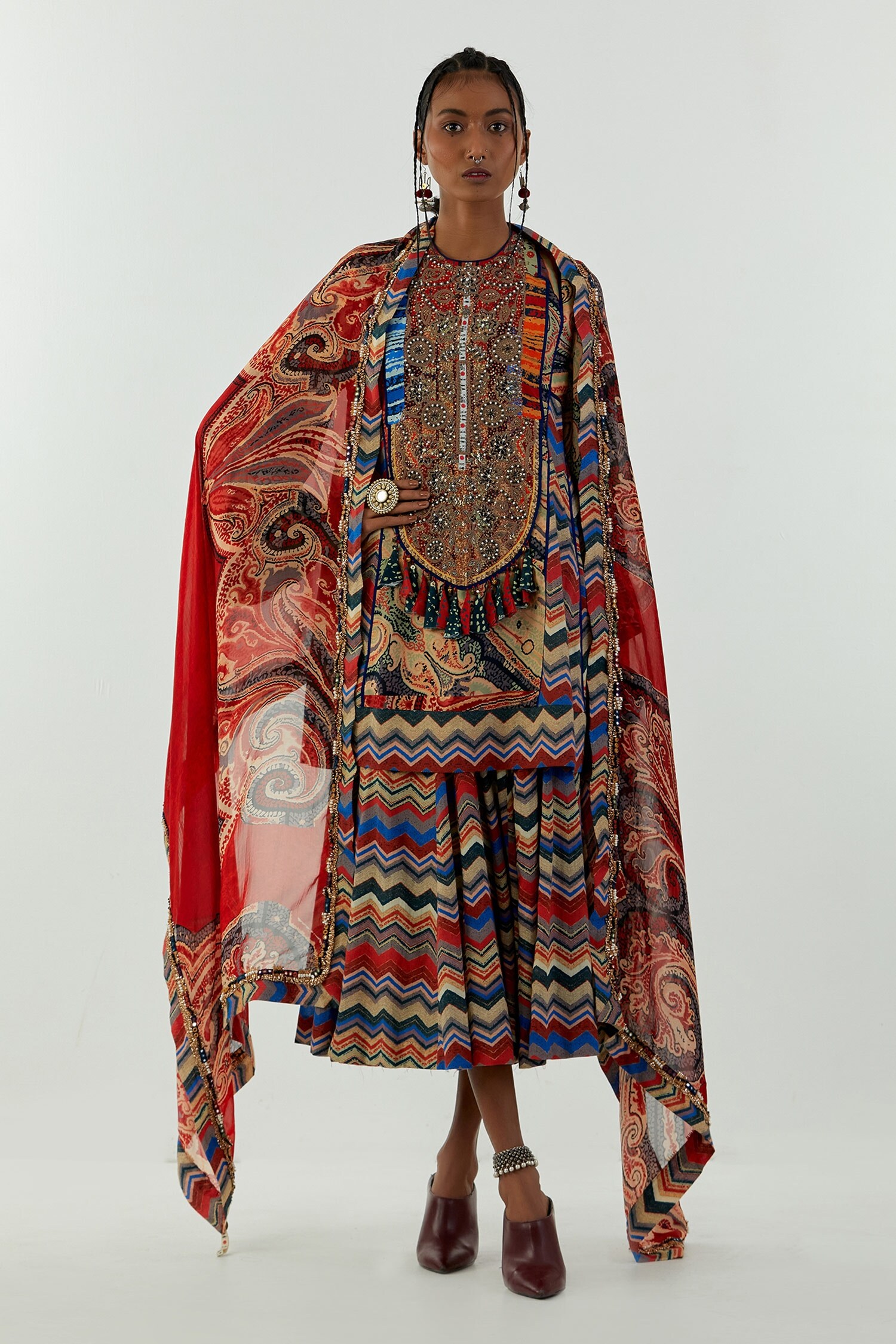 Buy Red Sheer Silk Printed Resham Thread Kinara Odhni For Women by ...