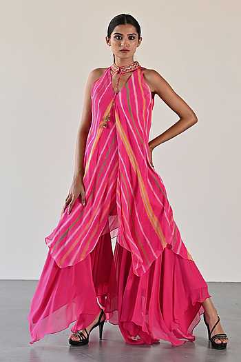 Buy Pink Georgette Stripe Pattern And Embellished & Handkerchief Pant ...