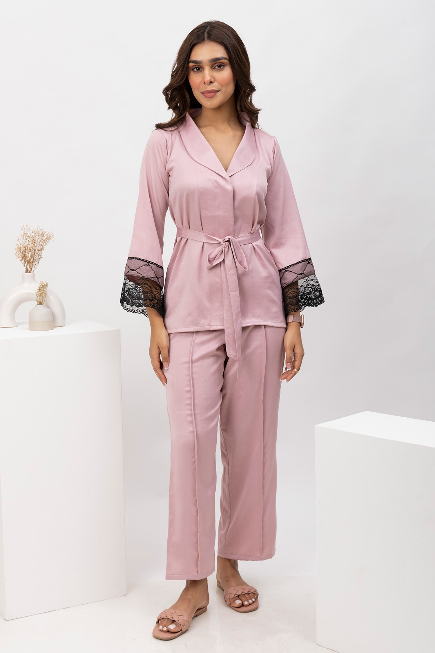 Buy Dawn And Dusk Pink Satin Robe And Pant Set Online | Aza Fashions