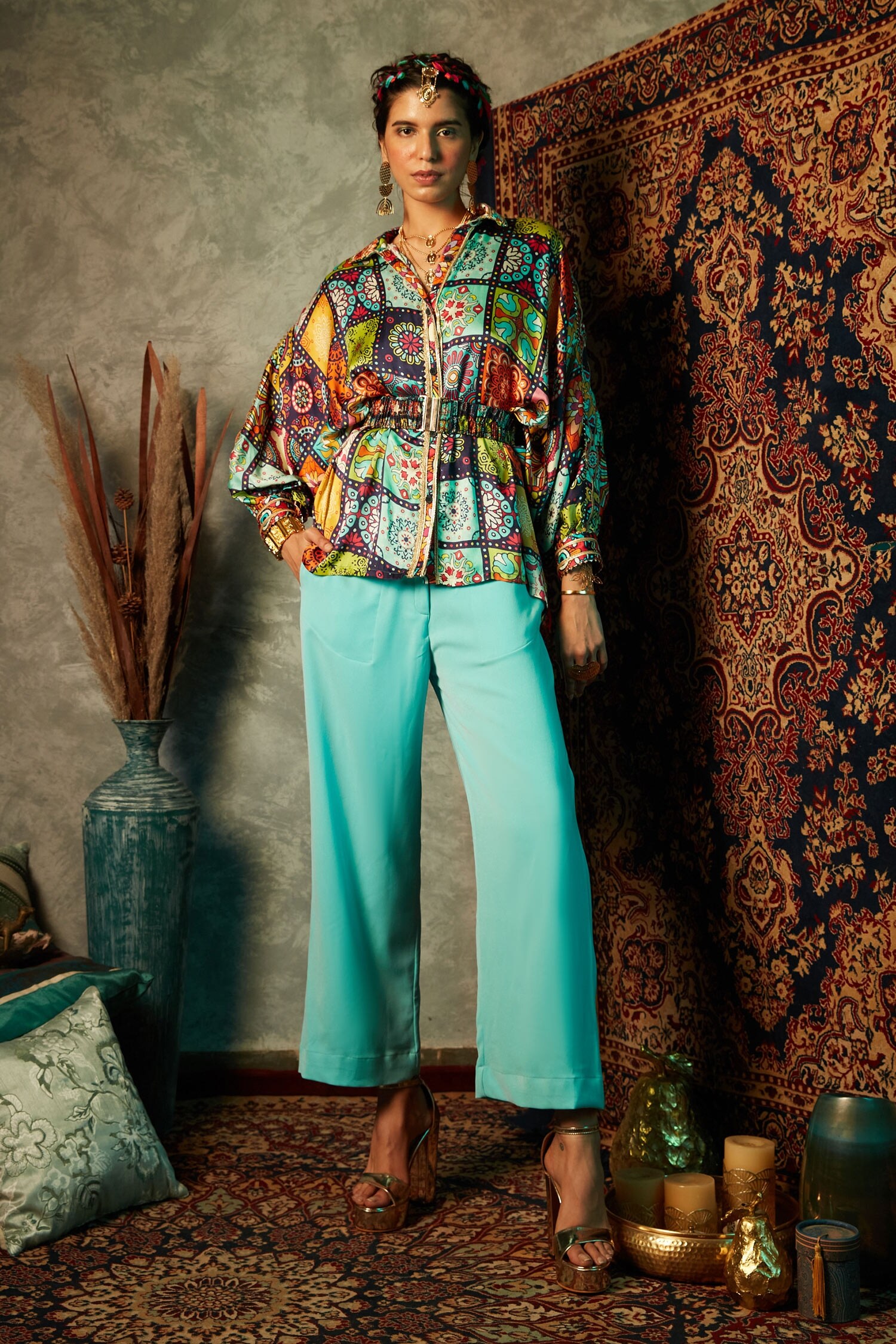 Buy Multi Color Modal Satin Printed Tile Shirt Collar Oversized For ...