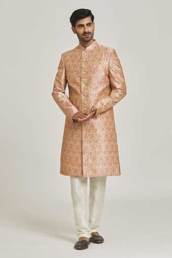 Buy Peach Sherwani Art Silk Printed Floral Set For Men by Adara Khan ...