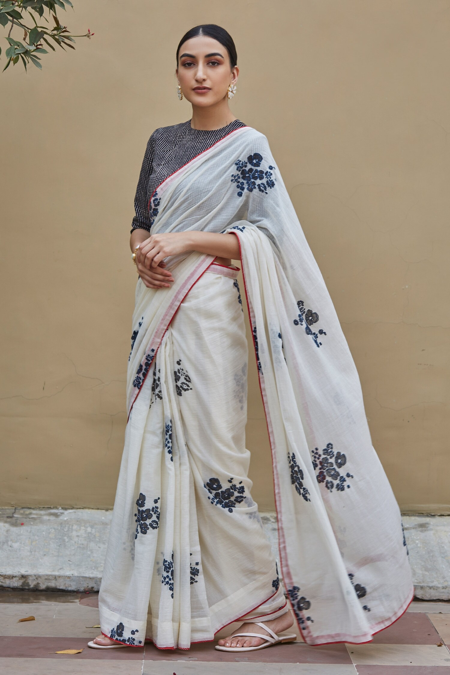 Buy White Floral Discharge Print Saree With Blouse For Women by Vaayu ...