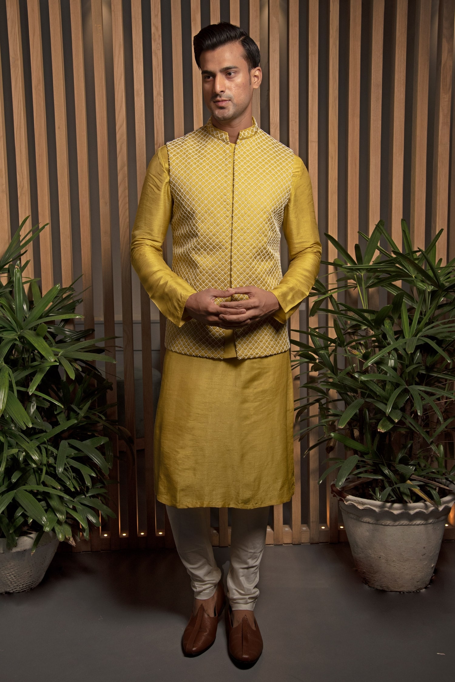 Buy Darshika Menswear Green Satin Linen Checkered Pattern Bundi And ...