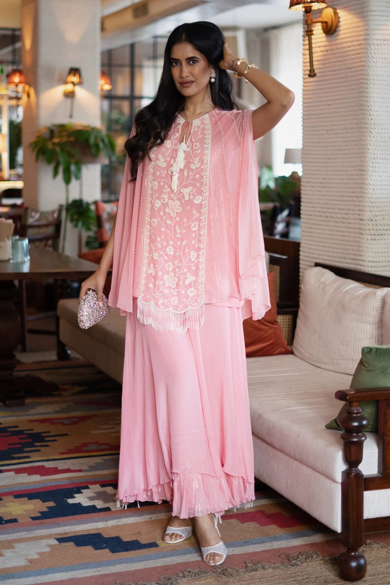 Buy Pink Georgette Embellished Sequin Round Cape Tunic And Palazzo Set ...