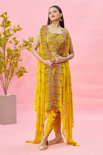 Buy Yellow Top And Pant: Silk Embroidery Bead Cape: Placket & Dhoti Set ...