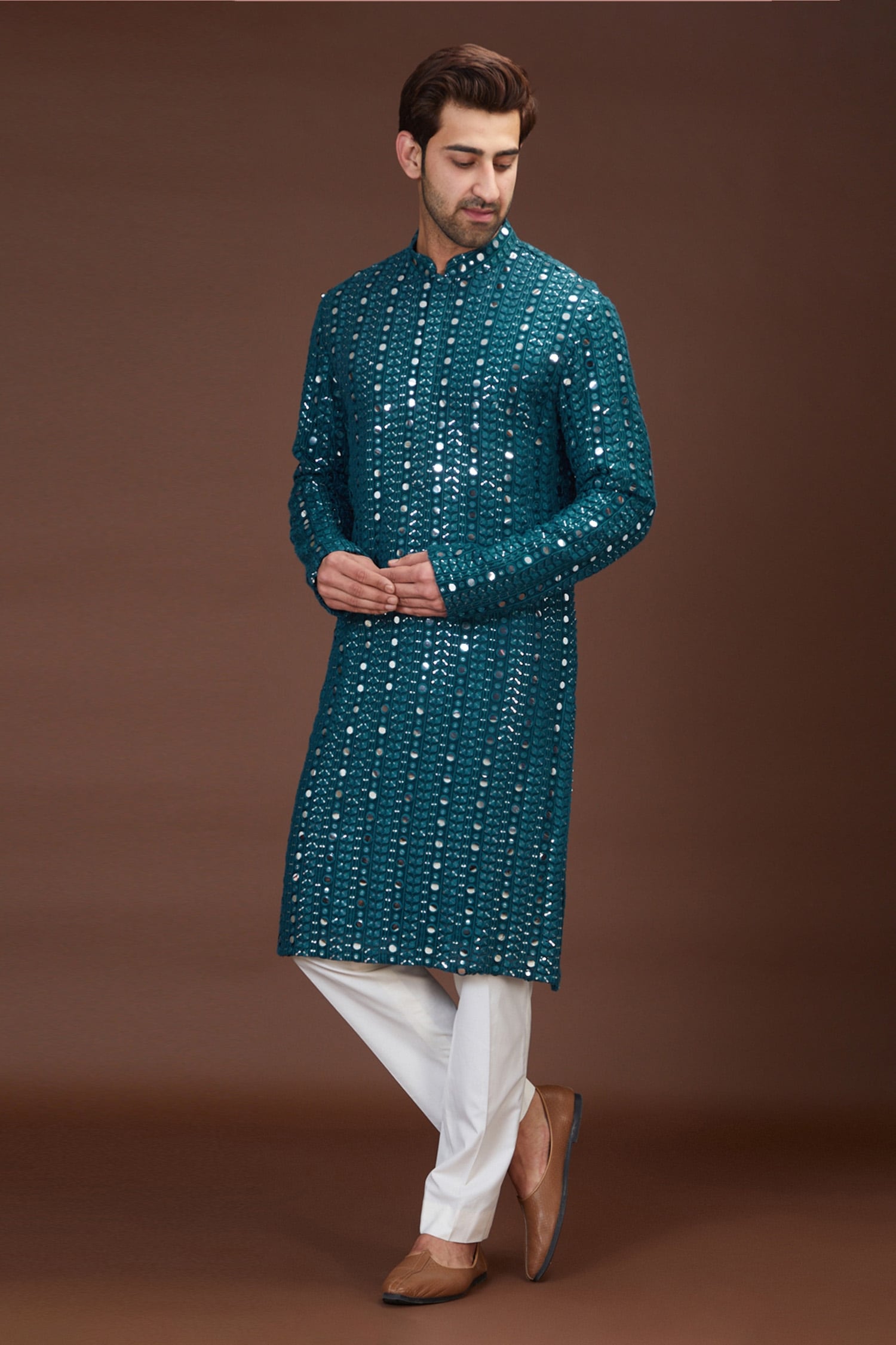 Buy Blue Georgette Embroidered Mirror Work Kurta For Men by Kasbah ...