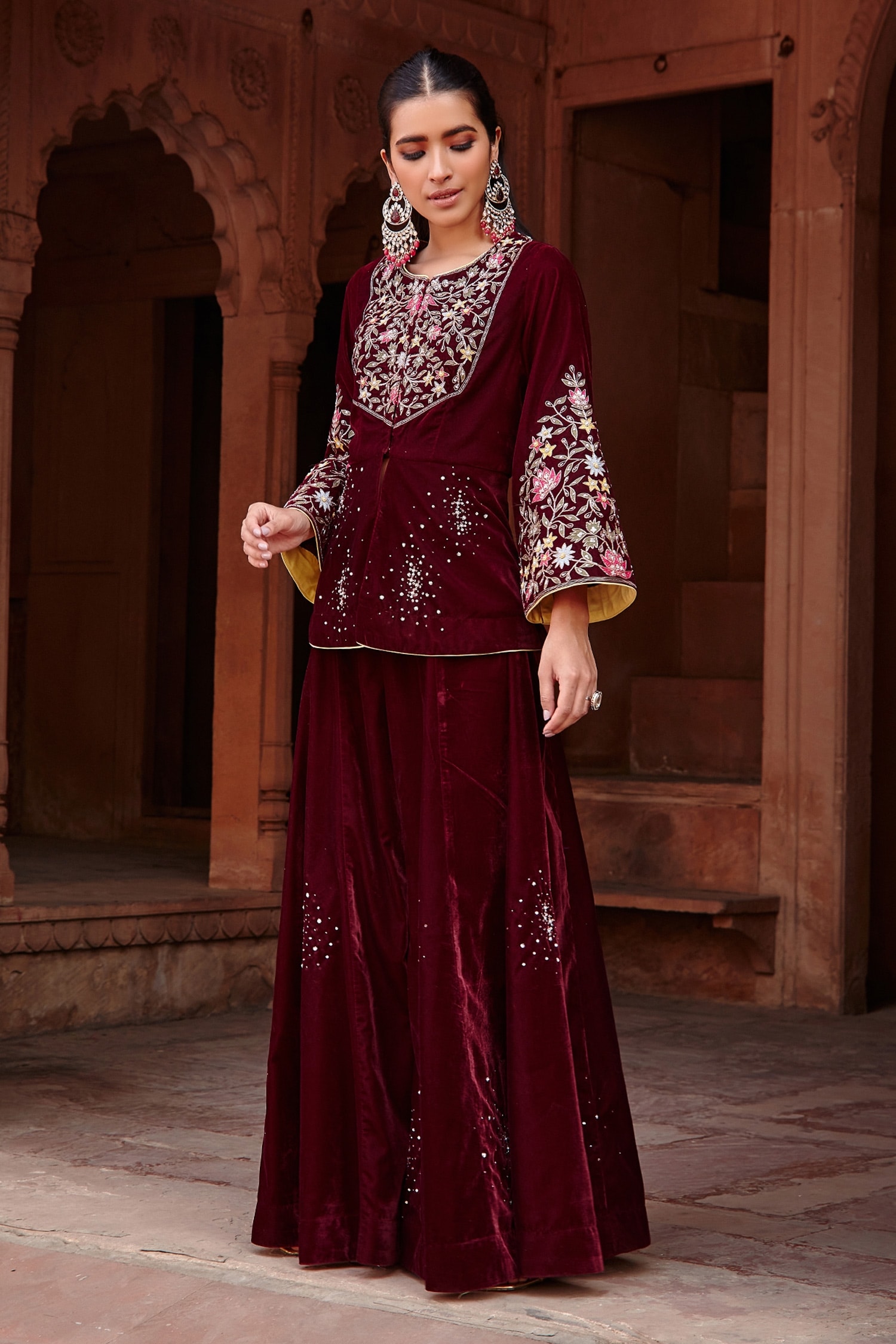 Buy Wine Velvet Embroidered Thread Round Jacket And Sharara Set For ...