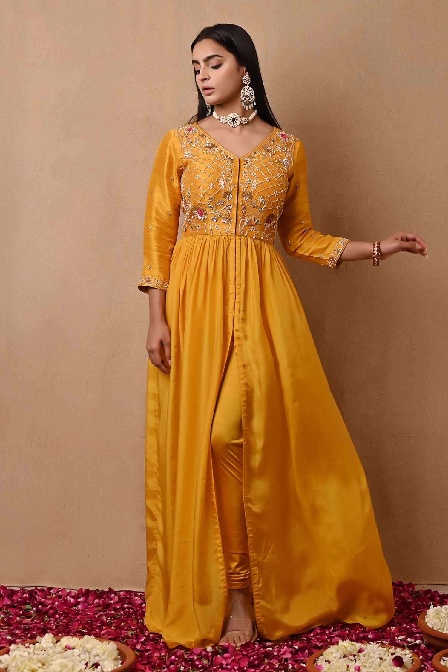 Buy Yellow Habutai Silk Embroidered Floral Pattern V Neck Slit Tunic ...