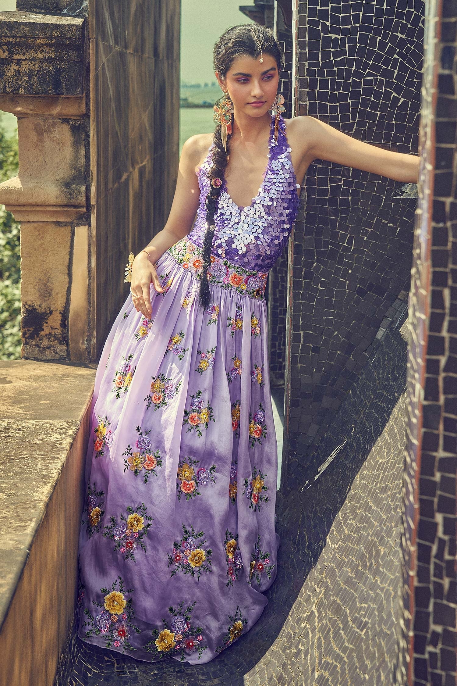 Buy Purple Net Hand Embroidered Sequin Work Halter Neck Bodysuit For ...