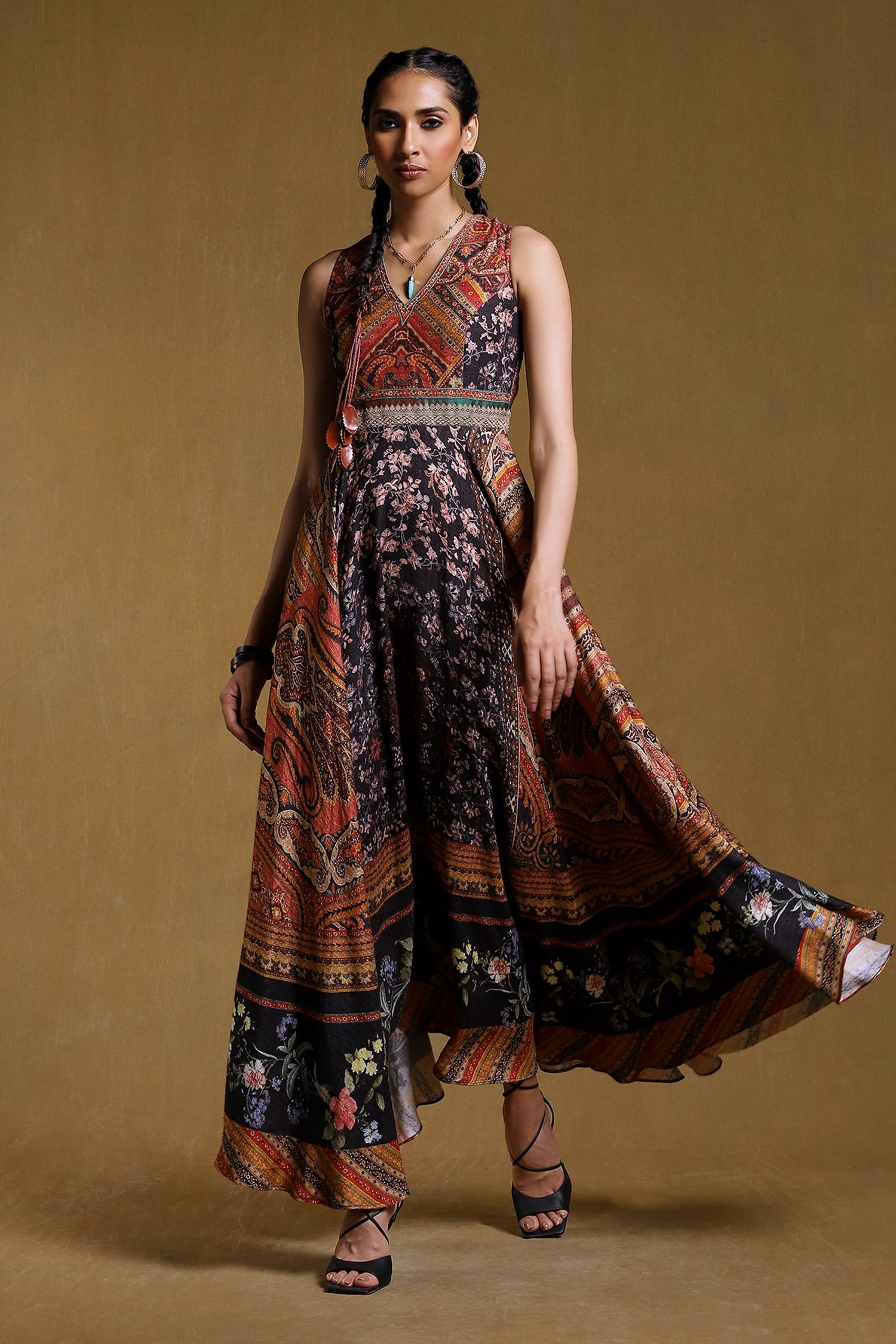 Buy Ritu Kumar Black Tanchoi Silk Floral Print Sleeveless Maxi Dress ...