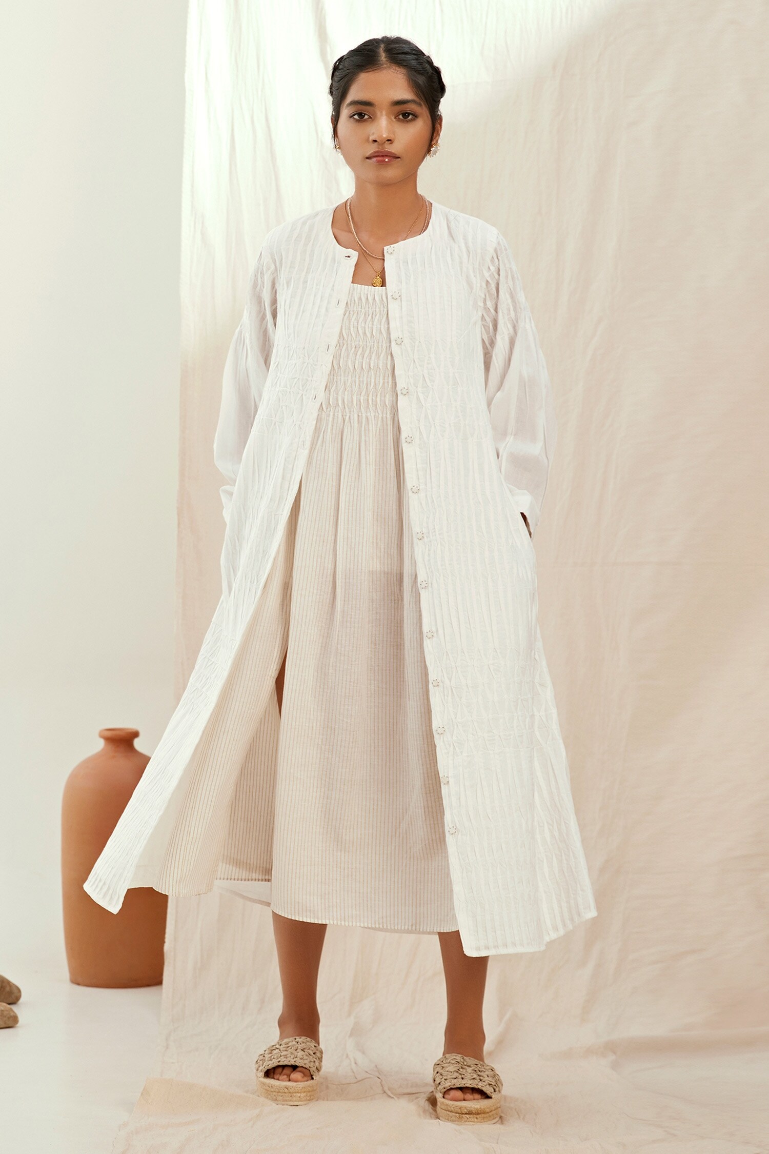 Buy The Right Cut White Cotton Naia Long Jacket And Dress Set Online ...