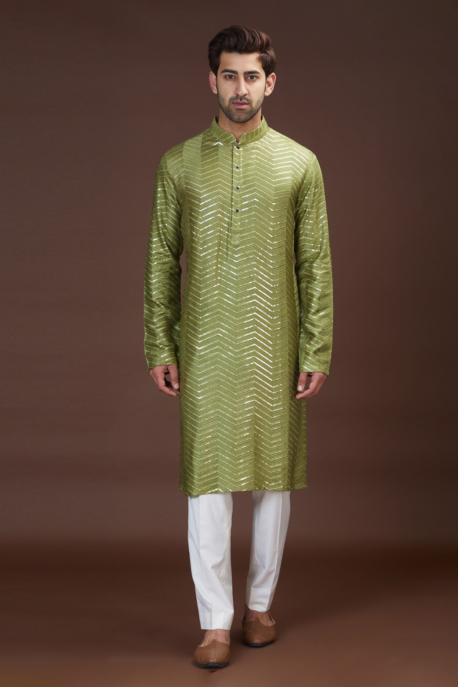 Buy Green Silk Embroidered Sequin Chevron Pattern Work Kurta For Men by ...