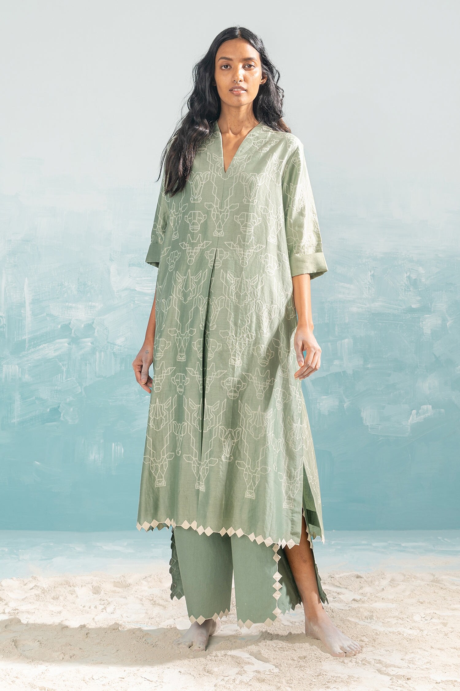 Buy Ikai Green Cotton Nile Cut-work Slit Pant Online | Aza Fashions