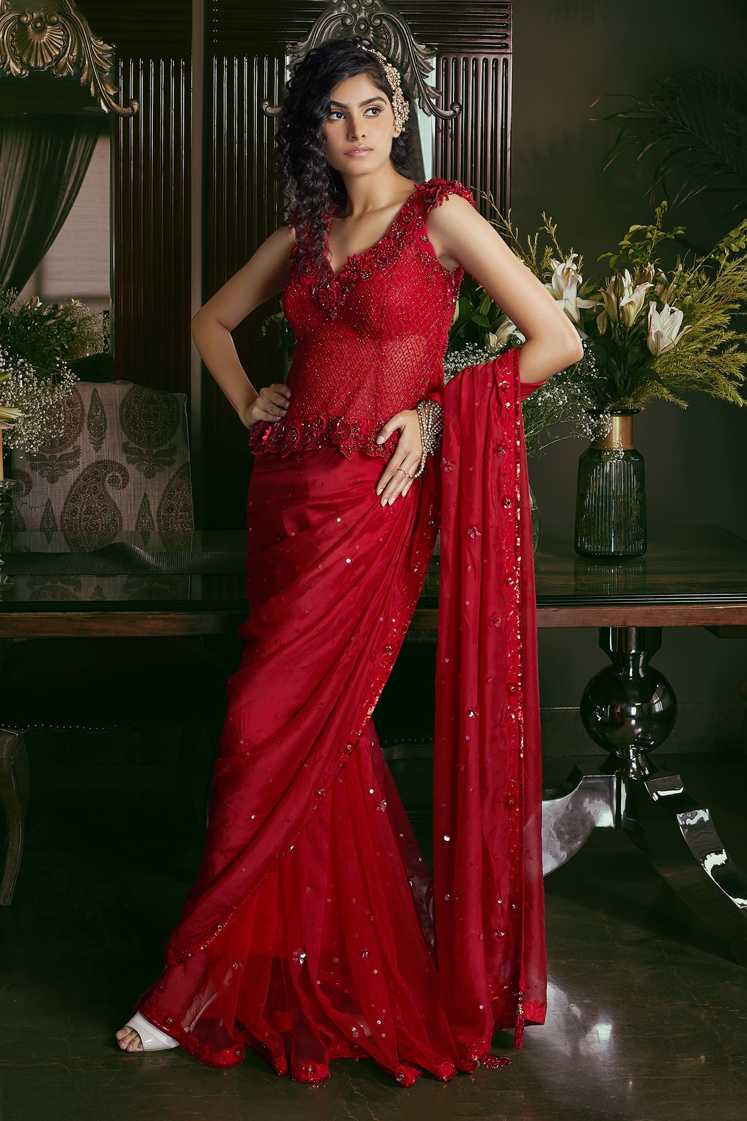 Buy Kisneel by Pam Embroidered Pre-draped Saree With Corset Top Online ...