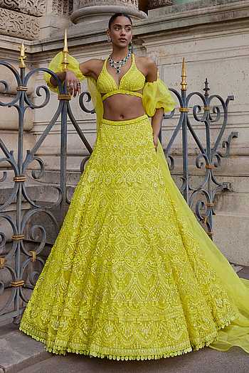 Buy Yellow Net Embroidery Sequin Leaf Neon Geometric Pattern Lehenga ...