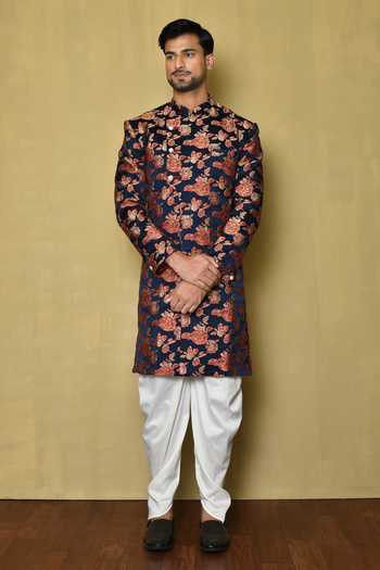 Buy Blue Fancy Jaquard Woven Rose Sherwani And Patiala For Men by ...