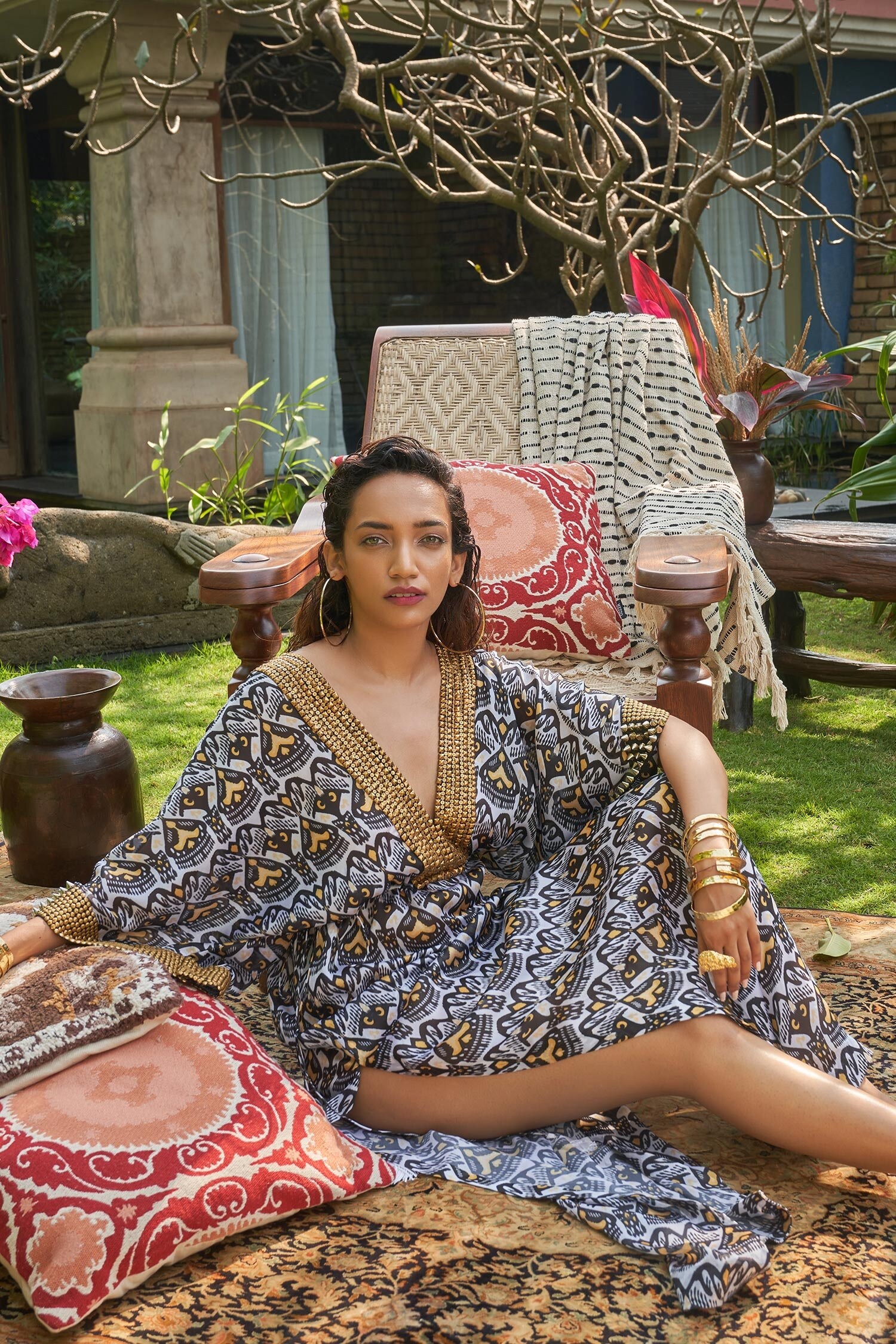 Buy White Satin Georgette Printed Ikat Deep V Neck Kaftan For Women by ...