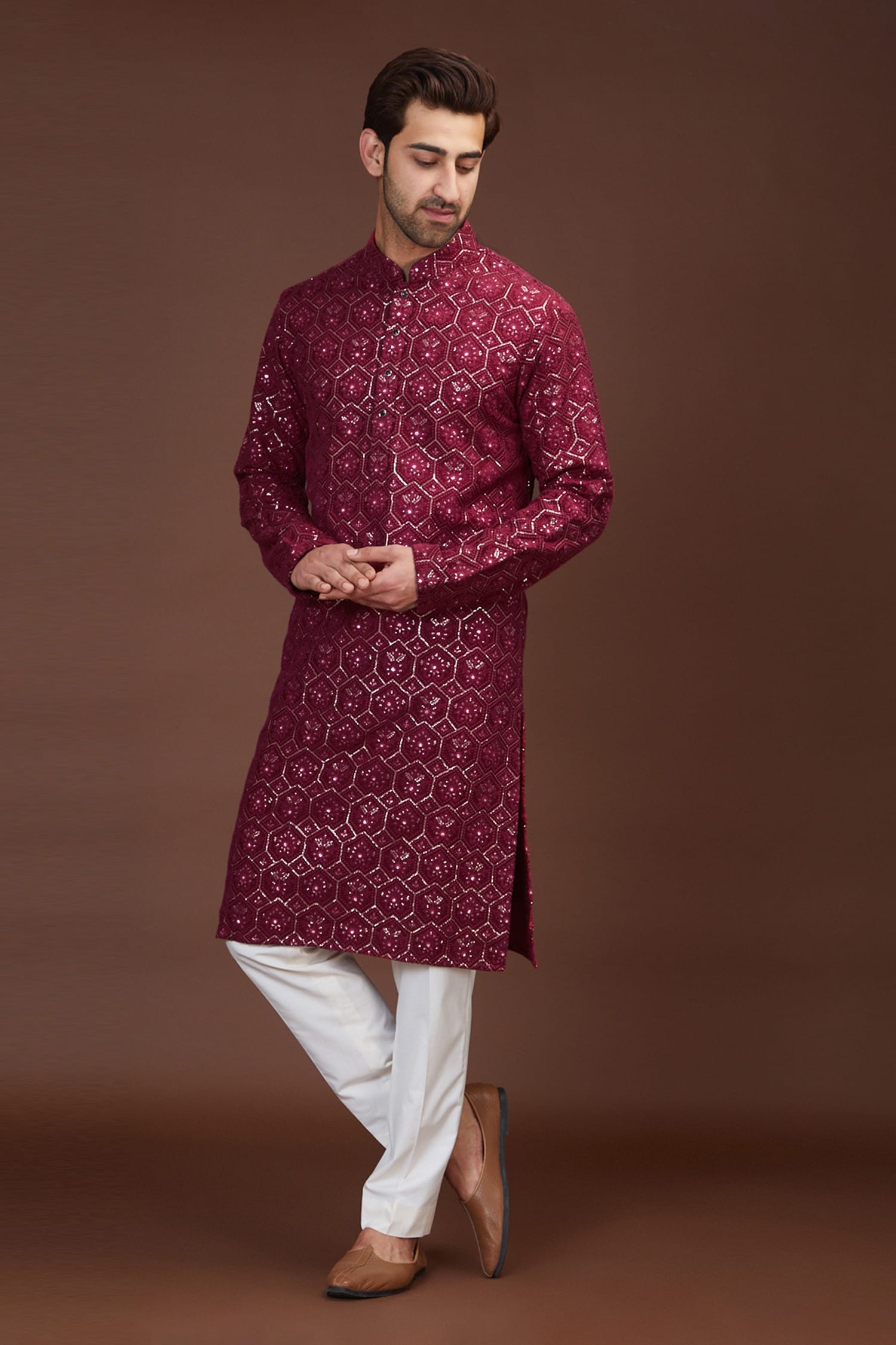 Buy Maroon Silk Embroidered Floral Kurta For Men by Kasbah Online at ...