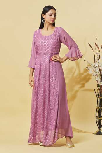 Buy Pink Georgette Embroidery Abla Round Neck Frill Dress For Women by ...