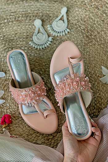Buy Essem Peach Faux Leather Pearl Embellished Toe Ring Wedges Online ...