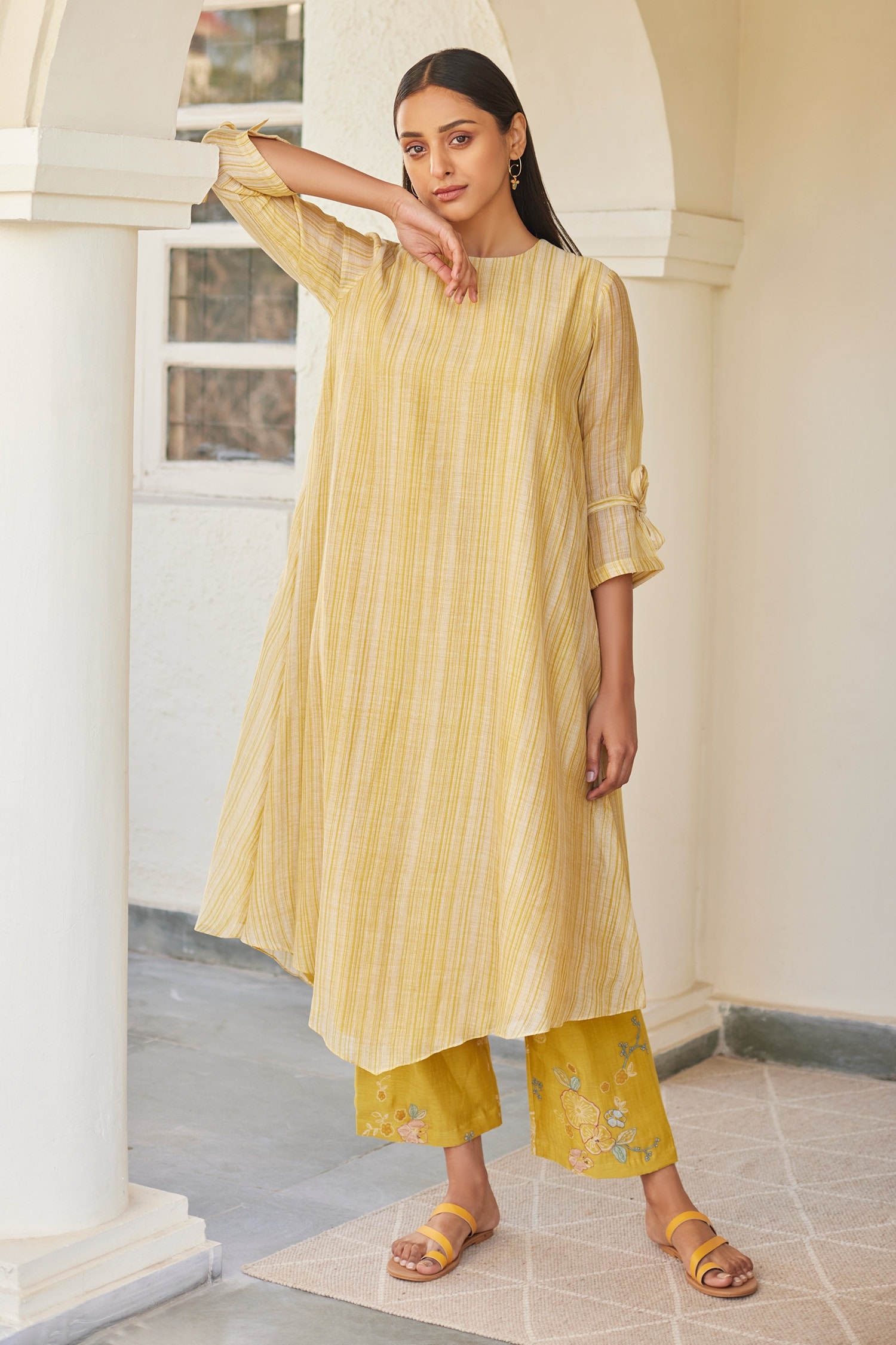 Buy Vaayu Yellow Cotton Muslin Striped Asymmetric Hem Kurta And Pant