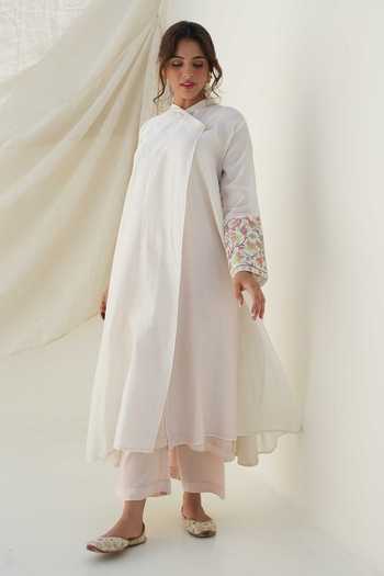 Buy White Embroidered Kashmiri Band Chanderi Angarkha And Palazzo Set ...