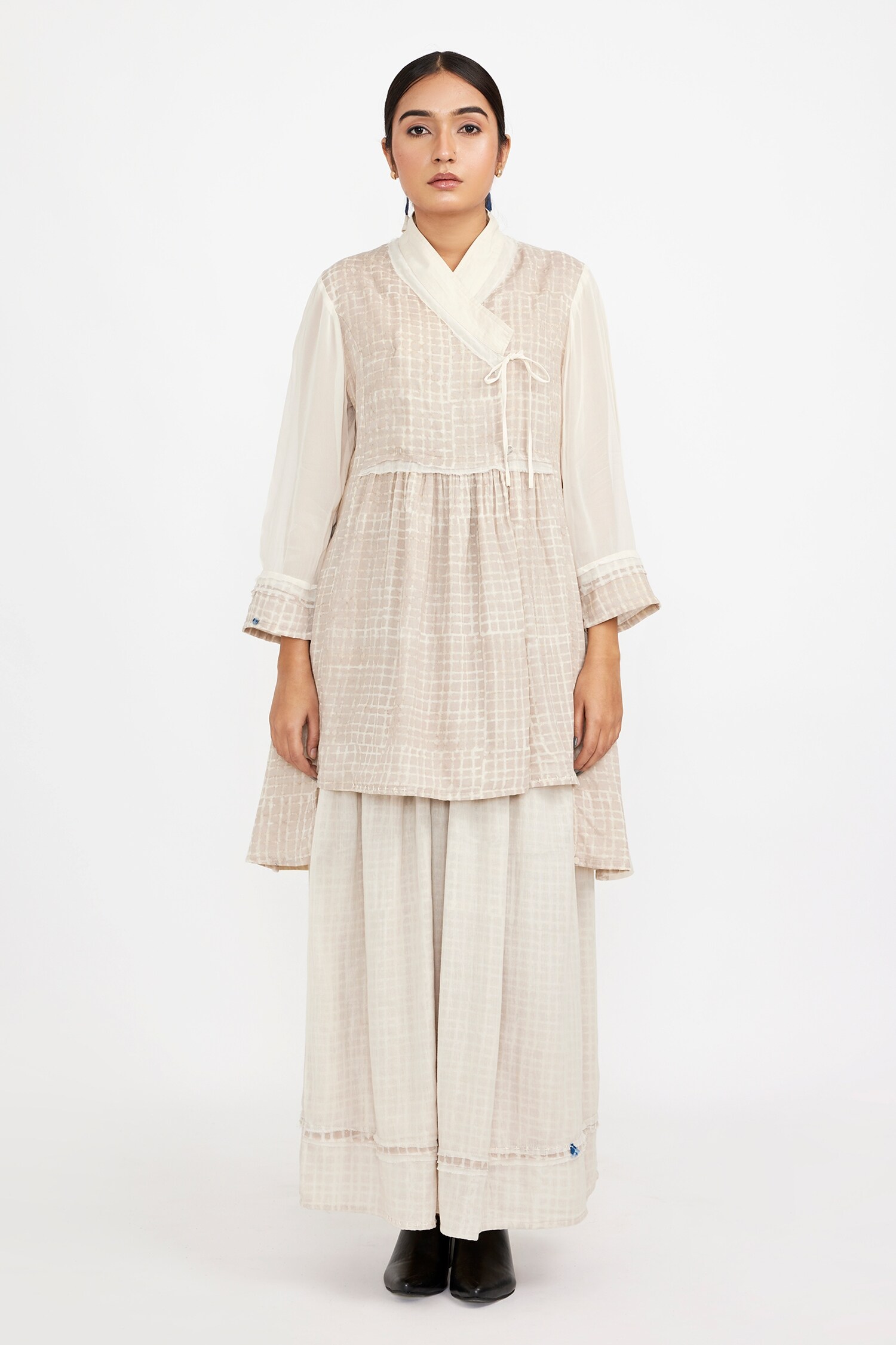 Buy White Cotton Handblock Print Checks Wrap Checkered Tunic With Skirt ...