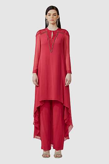 Buy Pink Silk Georgette Embellished Yoke Asymmetric Kurta And Pant Set ...