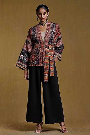 Buy Black Tanchoi Silk Paisley And Floral Flared Sleeves Shrug For ...
