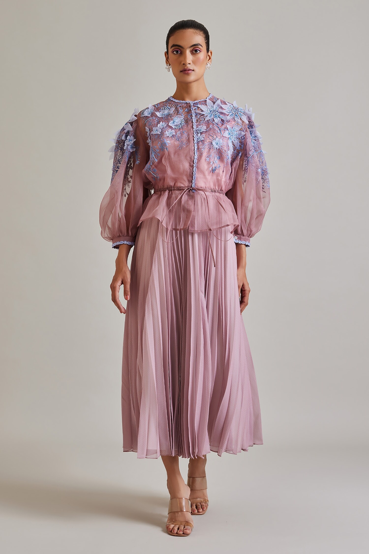 Buy Pankaj And Nidhi Pink Zephyr Floral Hand Embellished Top And Skirt