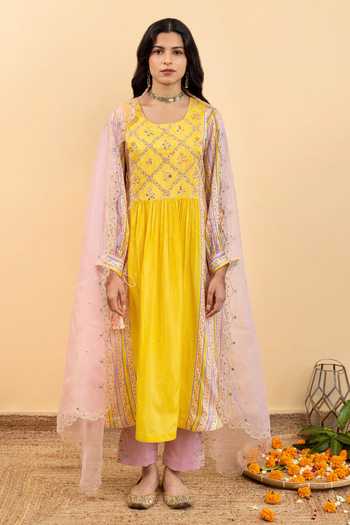 Buy Pita Nila Yellow Cupro Silk Kira Floral Print Gathered Kurta Set ...