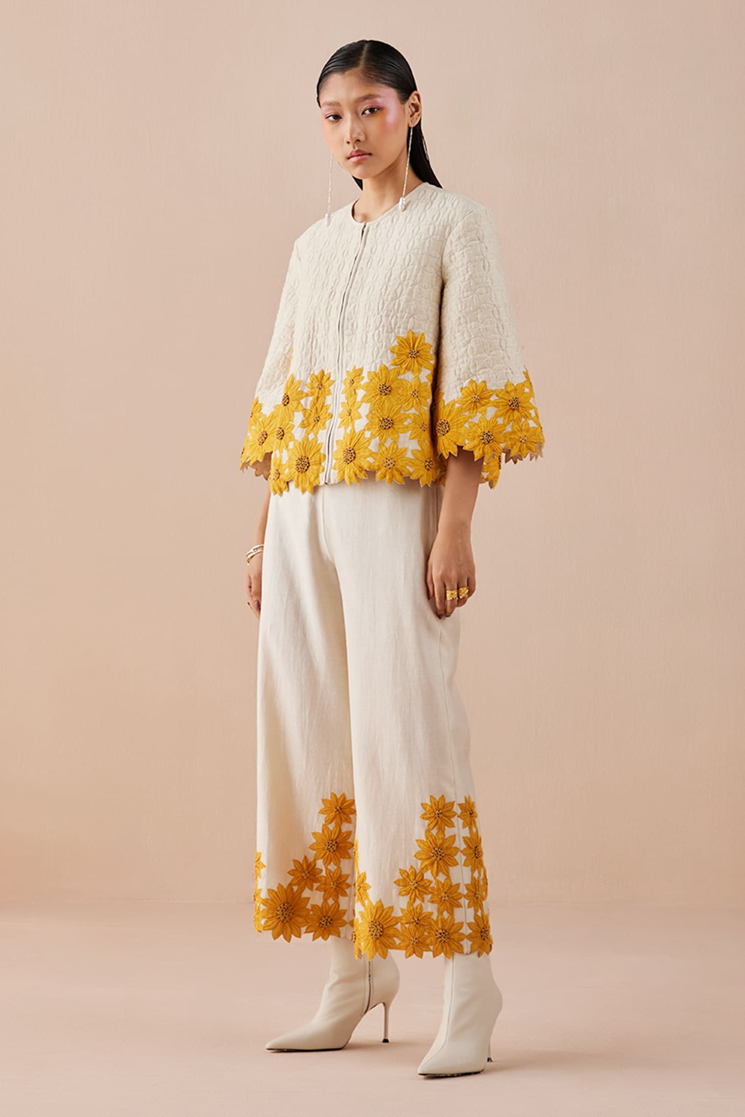 Buy Chandrima Ivory Chanderi Quilted Sunflower Jacket Online | Aza Fashions