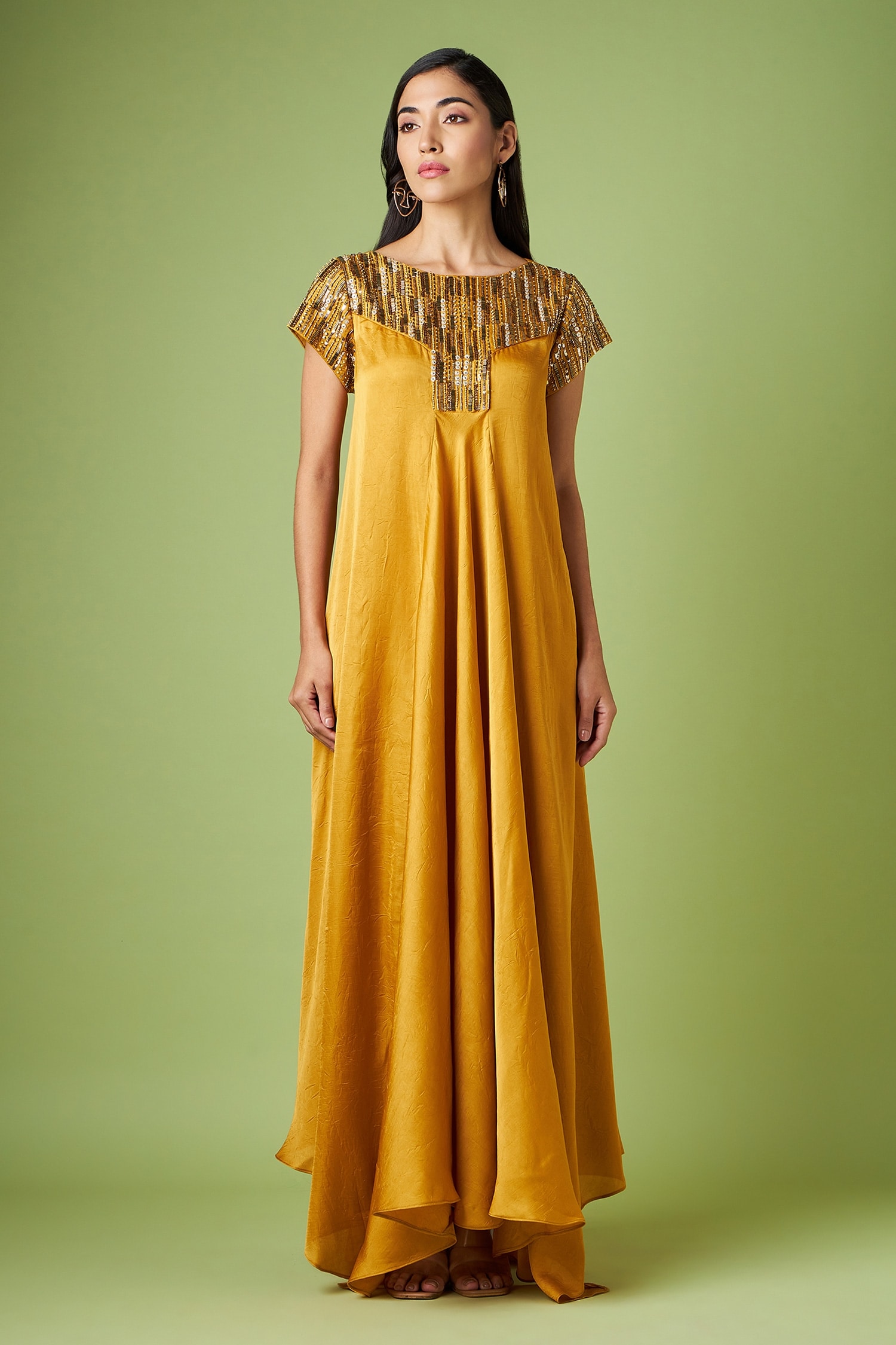 Buy Yellow Matka Silk Embellished Sequin Boat Neck Yoke Maxi Dress For ...