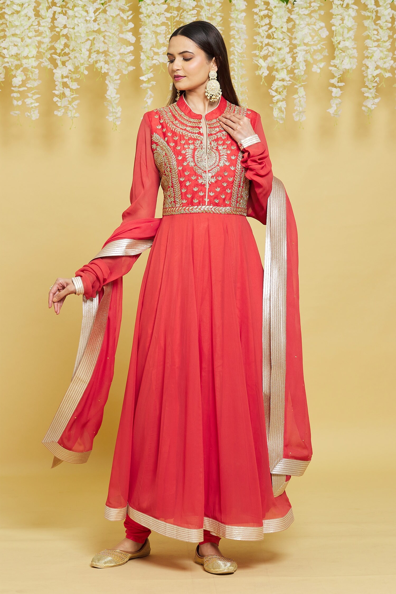 Buy Aiman Red Silk Mandarin Collar Anarkali Set Online | Aza Fashions