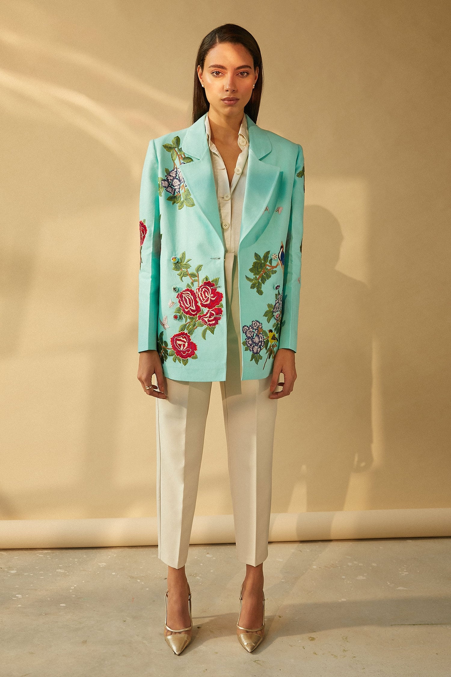 Buy Blue 100% Linen Embroidery Foliage Notched Double Breasted Box ...