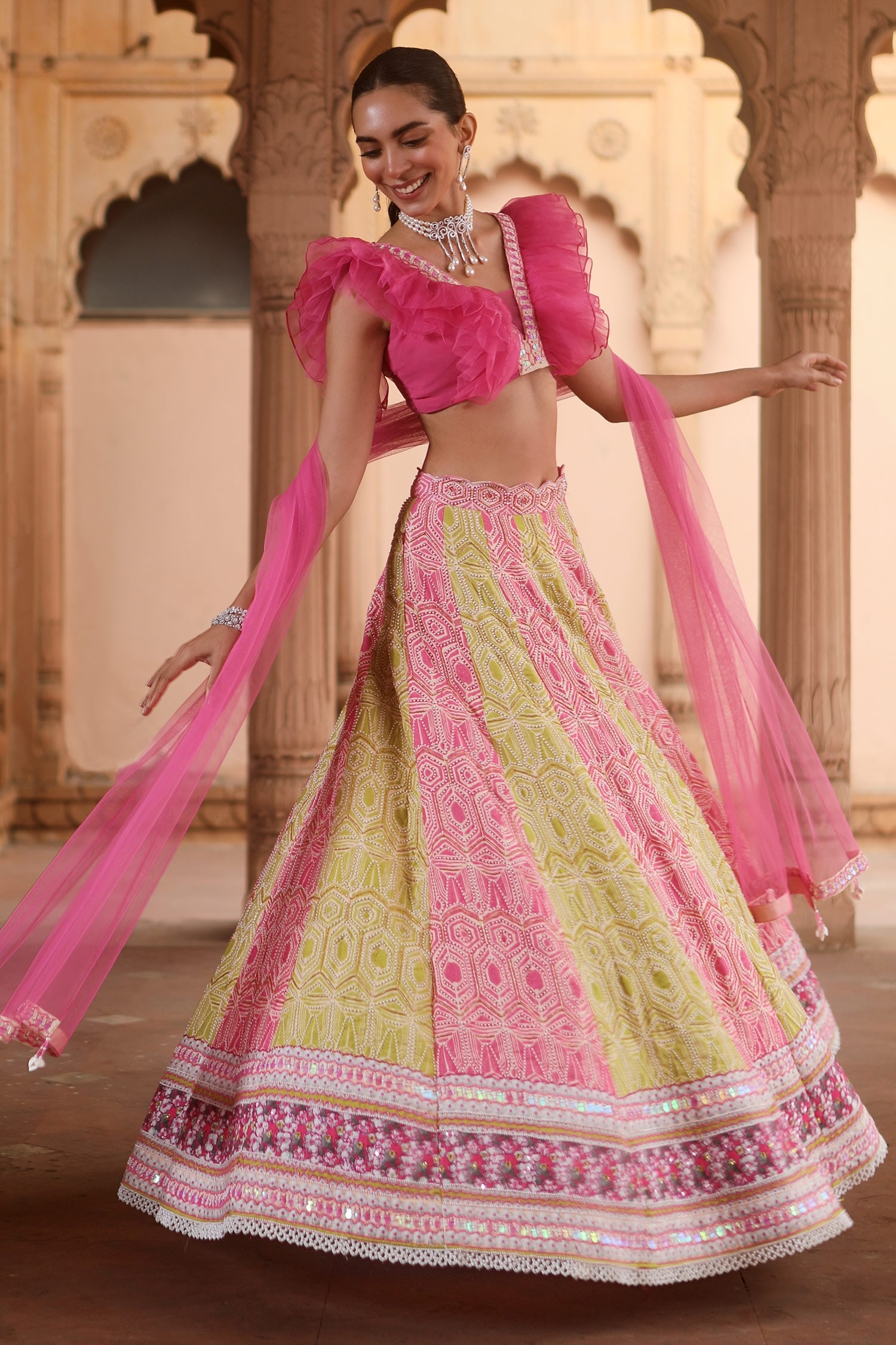 Buy Green Chanderi Embroidery Bead And Cutdana Zinnia Two Tone Lehenga ...