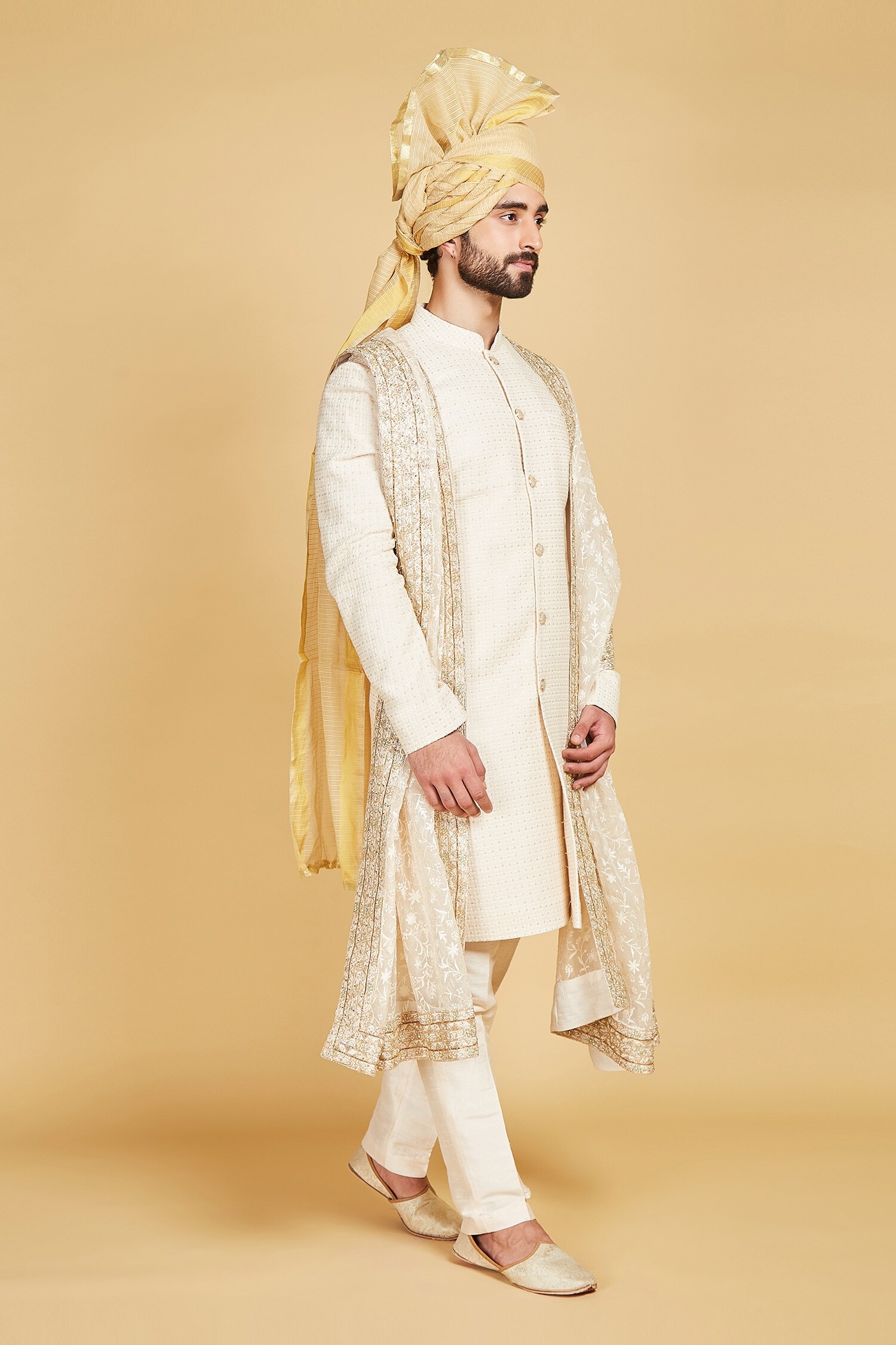 Buy Amrin khan Cream Thread And Sequin Work Sherwani Set Online | Aza ...