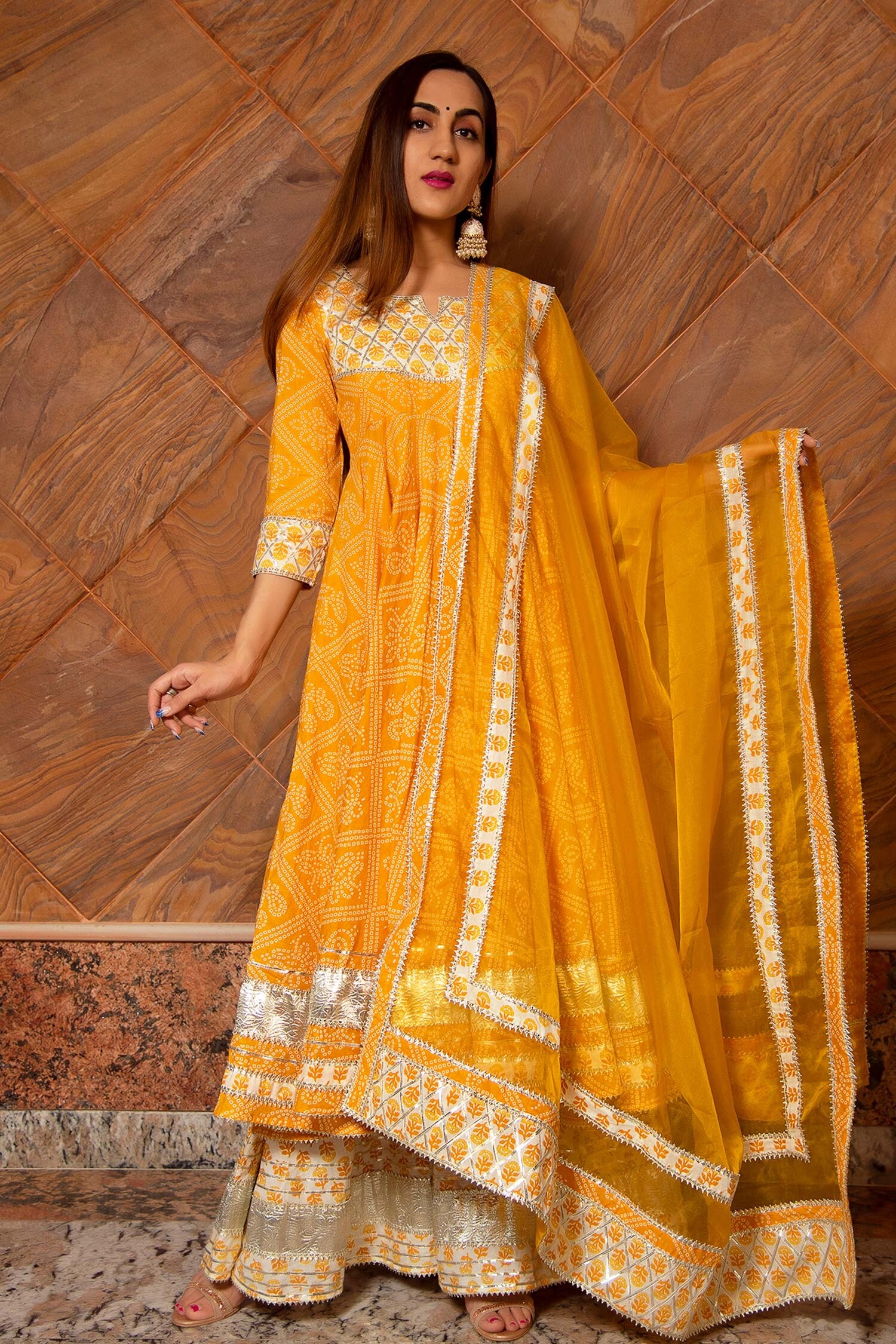 Buy Yellow Anarkali And Palazzo: Cotton Printed Bandhani Round Set For ...