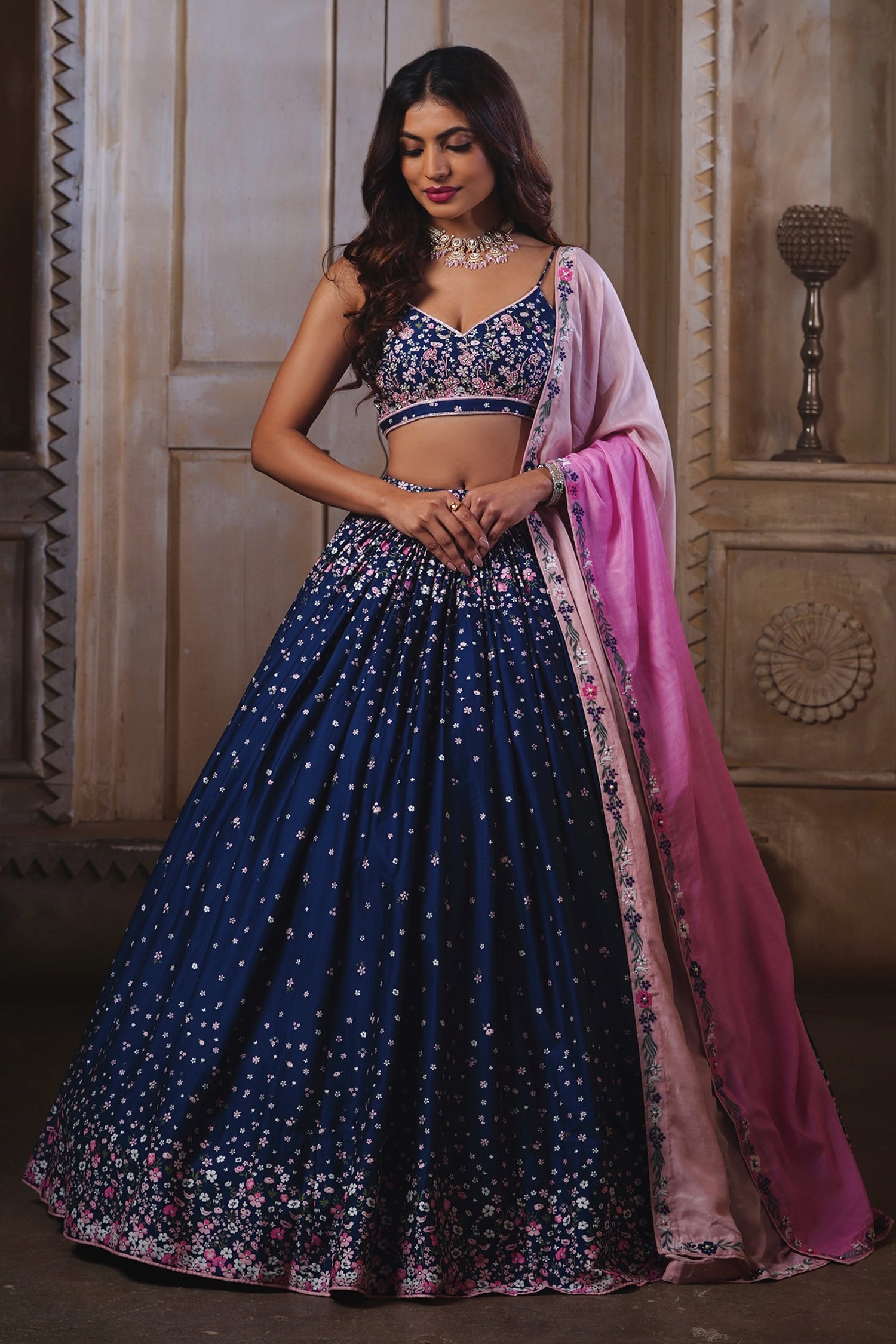 Buy Blue Cotton Satin Printed Floral And Bird Patterns V Flower Lehenga ...