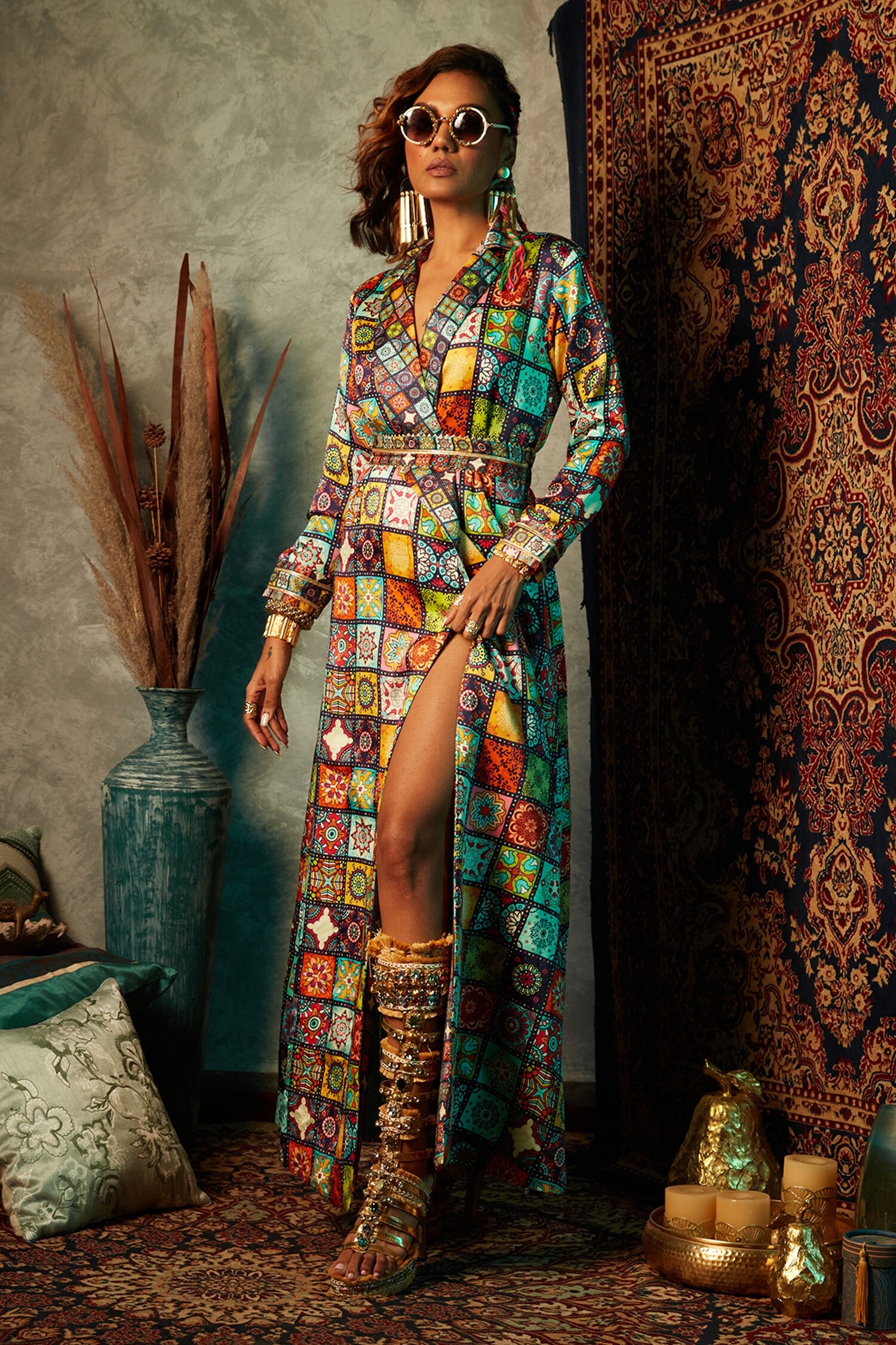 Buy Multi Color Viscose Crepe Printed Big Tile Shirt Blazer Maxi Dress ...