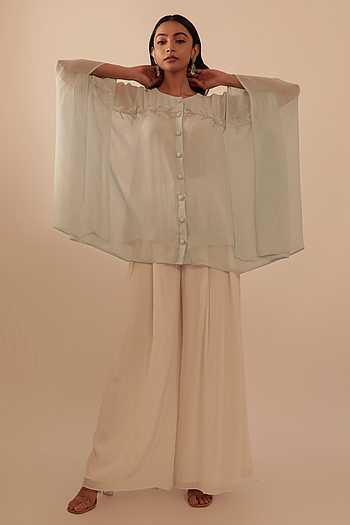 Buy Blue Georgette Round Coral Kaftan Top And Wide Leg Pant Set For ...